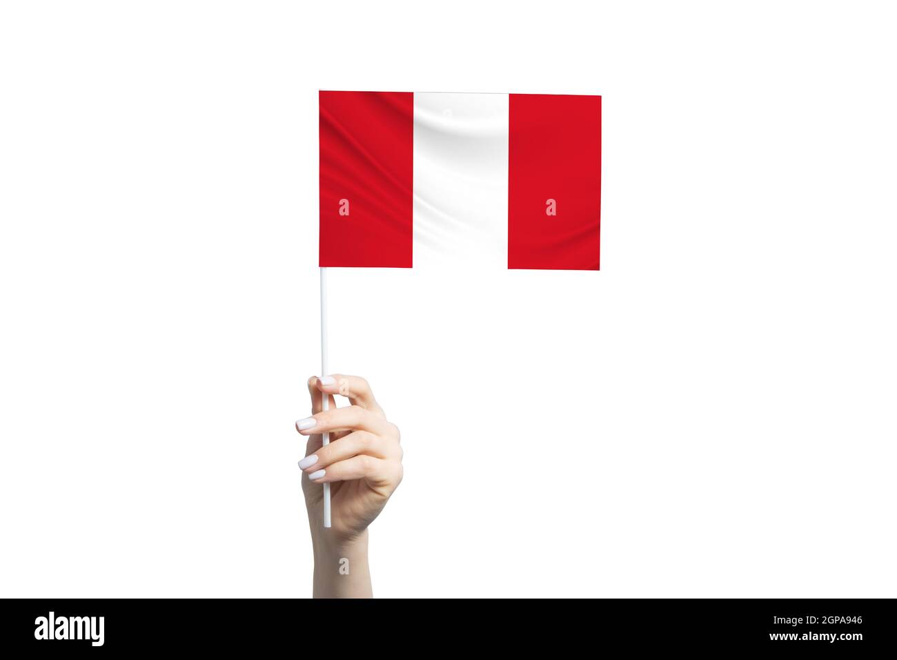 Beautiful female hand holding Peru flag, isolated on white background ...
