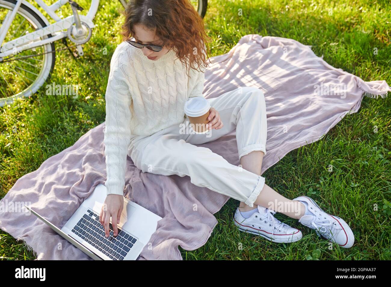 A girl sitting on the grass in the park and working on a laptop Stock ...