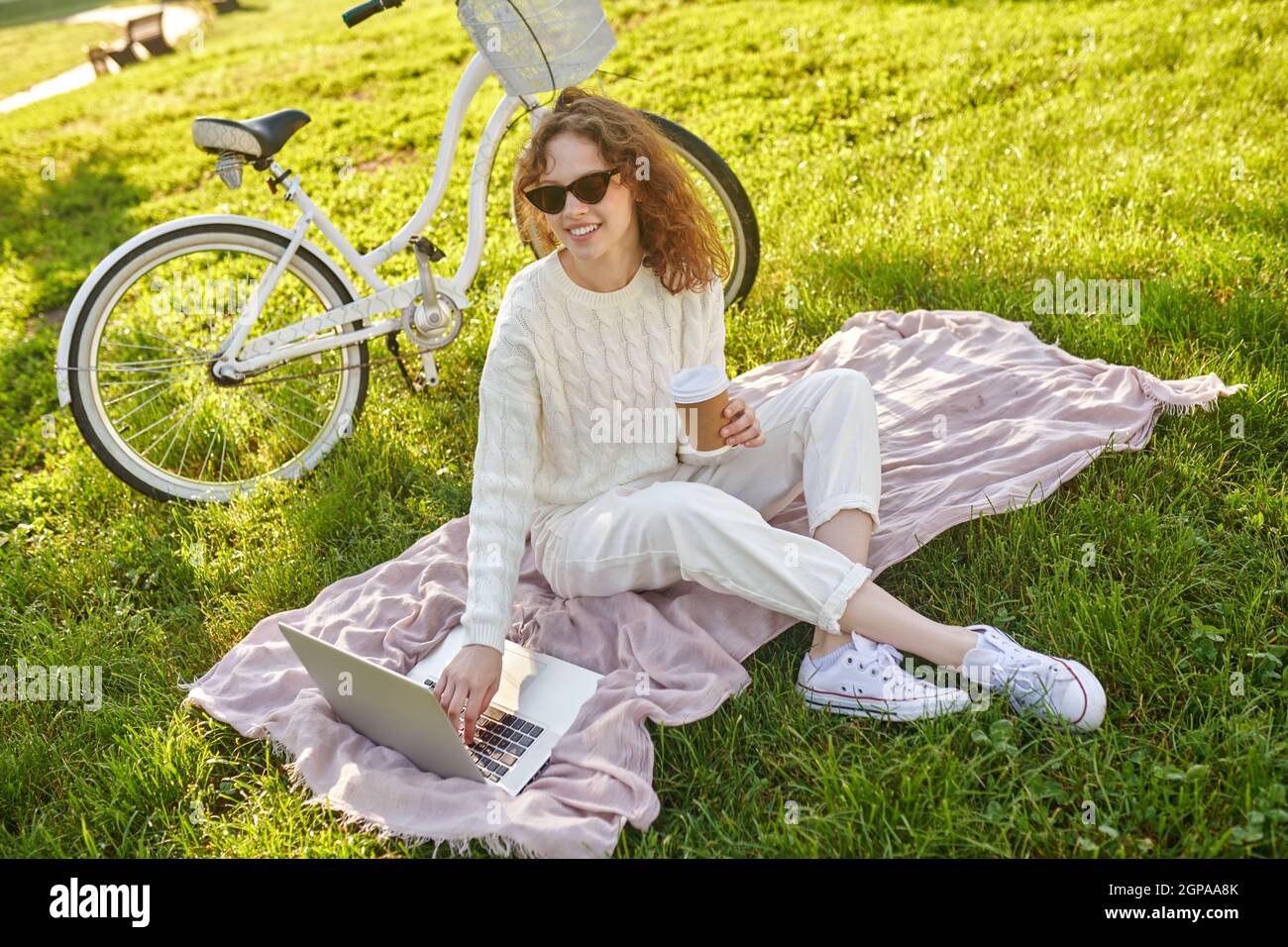 A girl sitting on the grass in the park and working on a laptop Stock ...