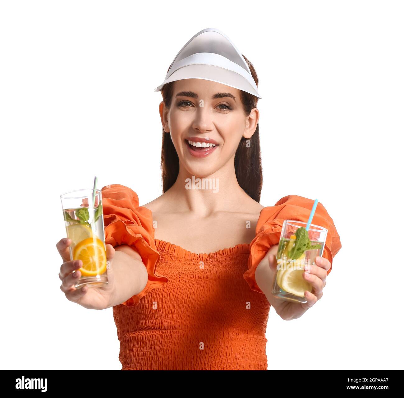 Beautiful young woman with fresh lemonade on white background Stock ...