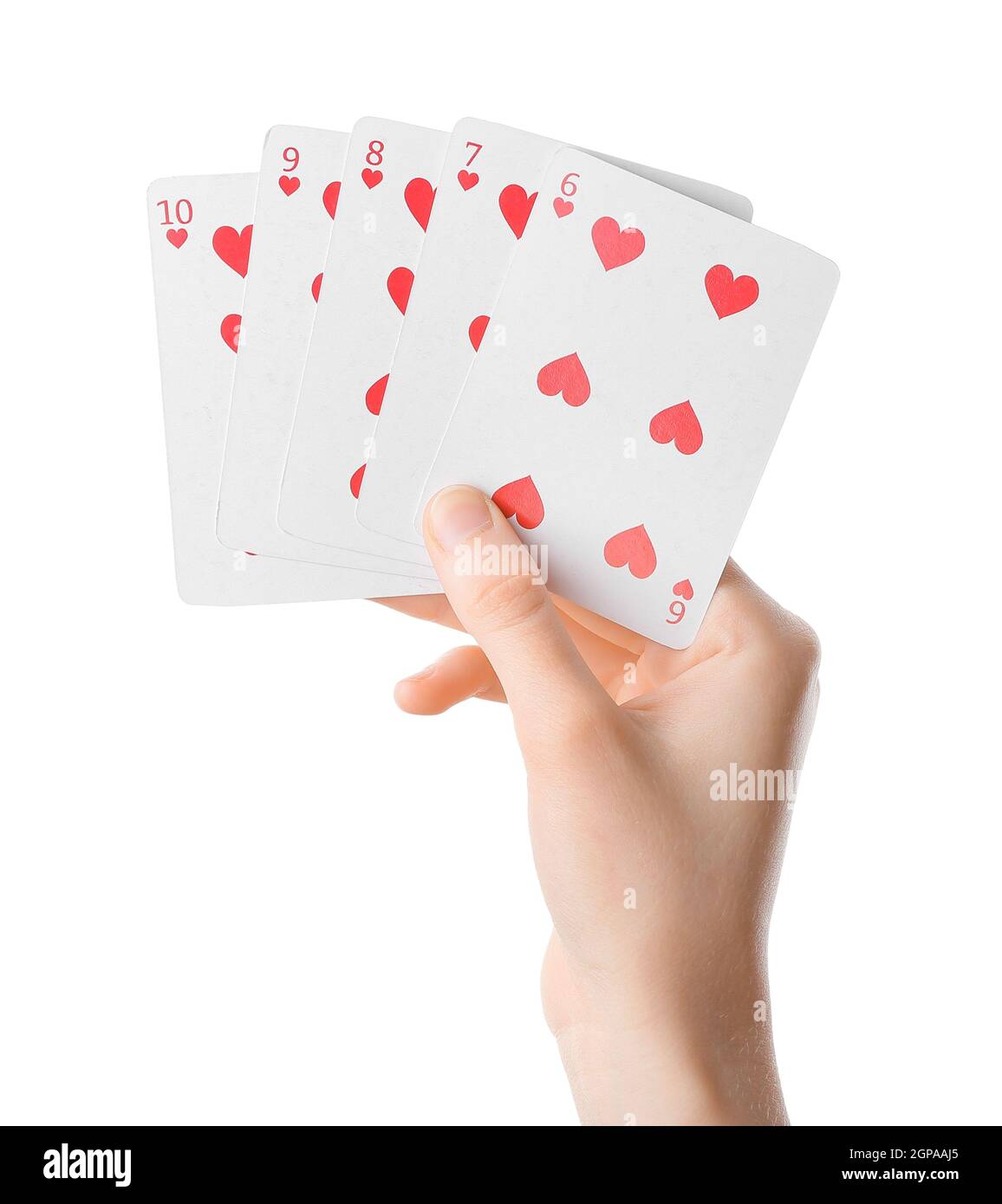 Female hand with playing cards for poker on white background Stock ...