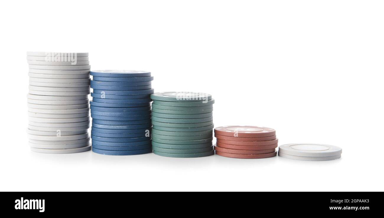 Stack of chips for poker on white background Stock Photo - Alamy