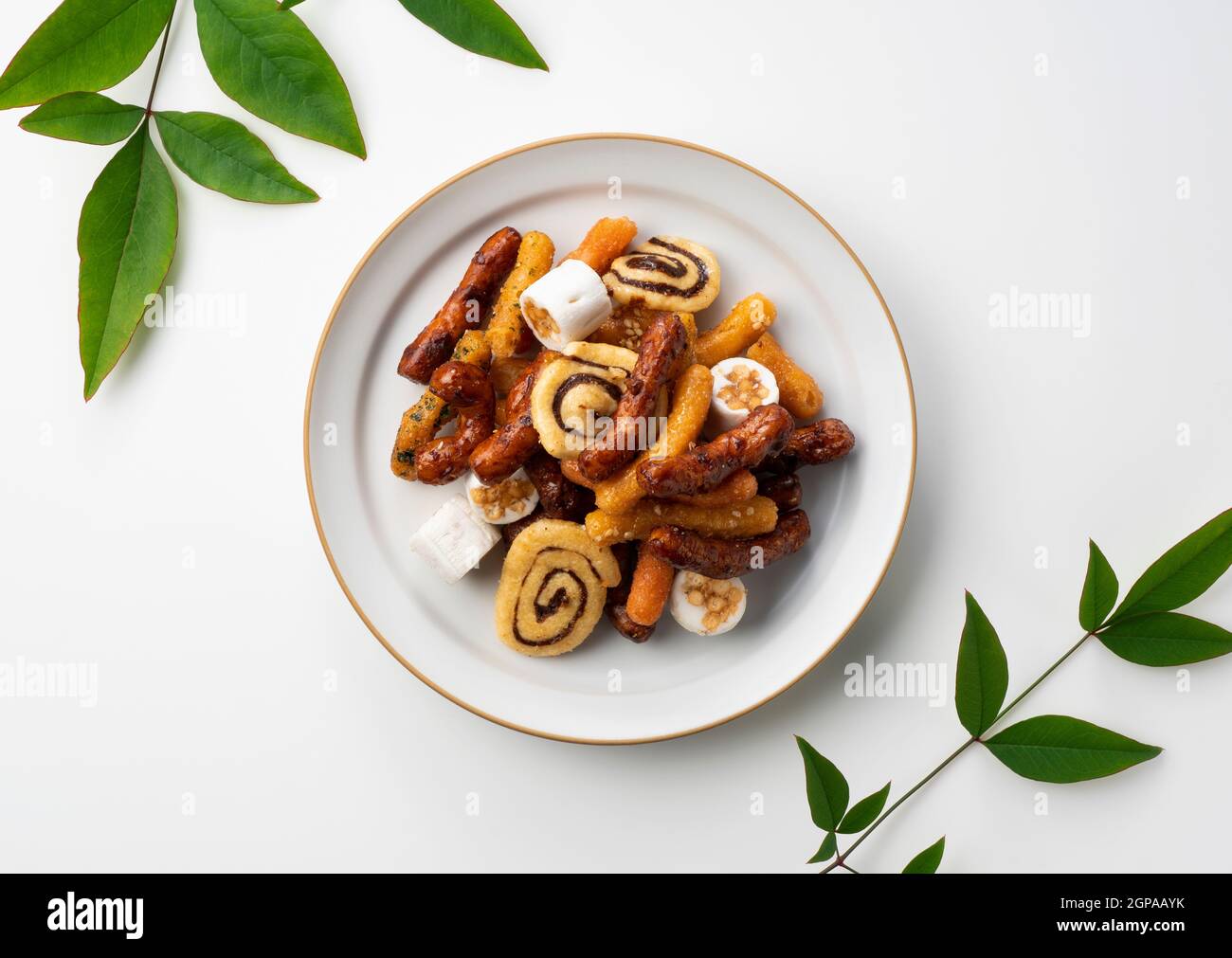 Various types of karinto placed on a white background, viewed from ...