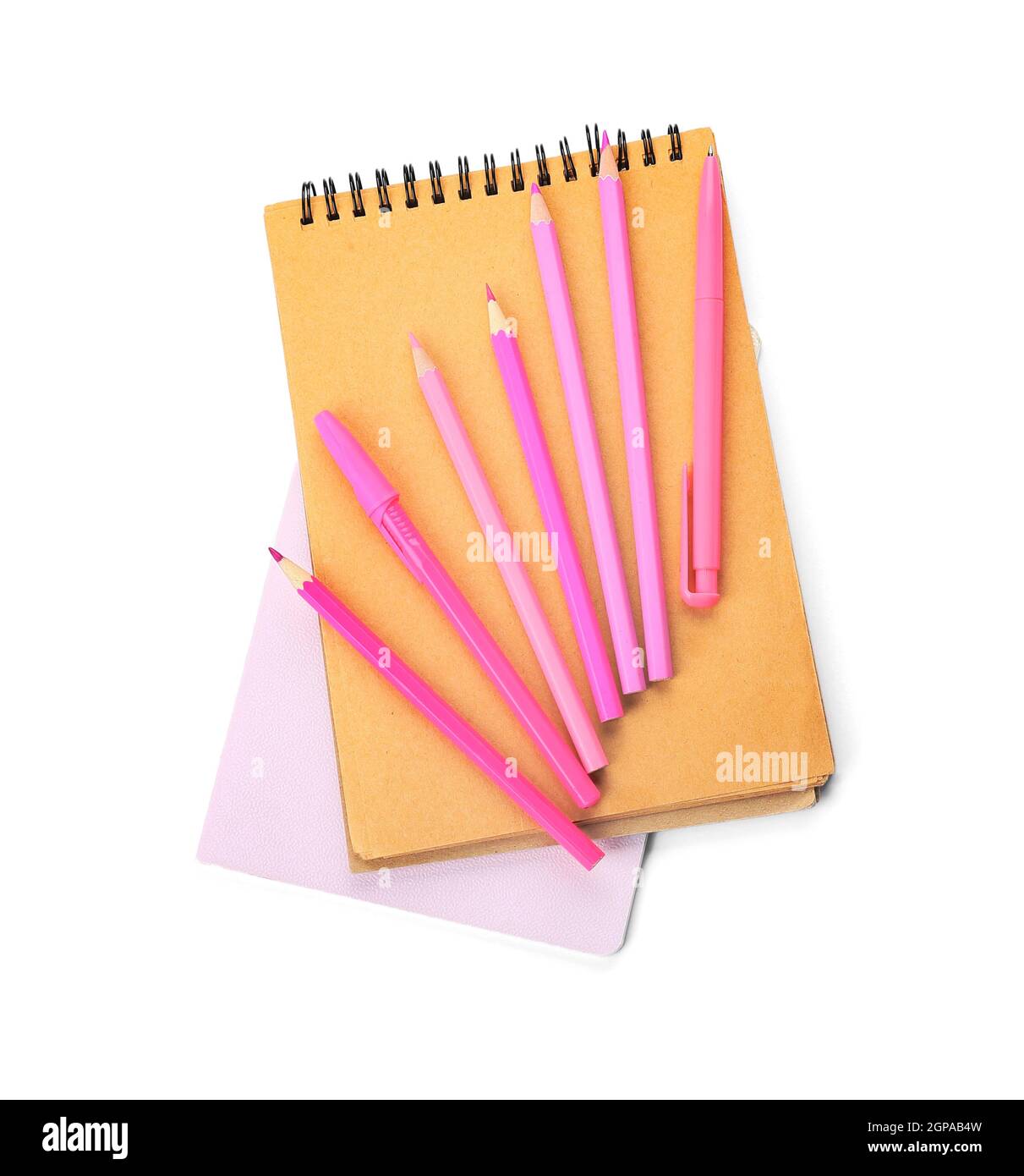 Notepads, different pencils and pens on white background Stock Photo ...