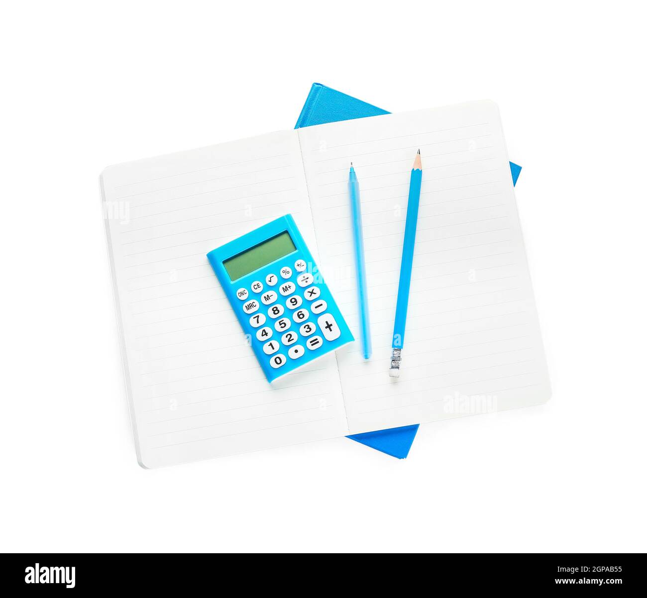 Opened notebook, calculator, pen and pencil on white background Stock ...