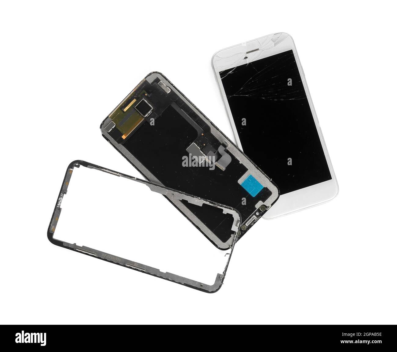 Mobile phone with broken screen, display module and glass on white ...