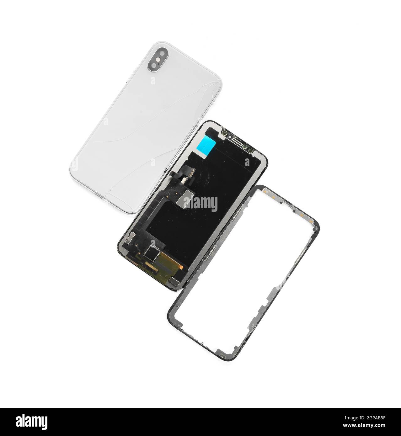 Broken mobile phone, display module and glass on white background Stock ...