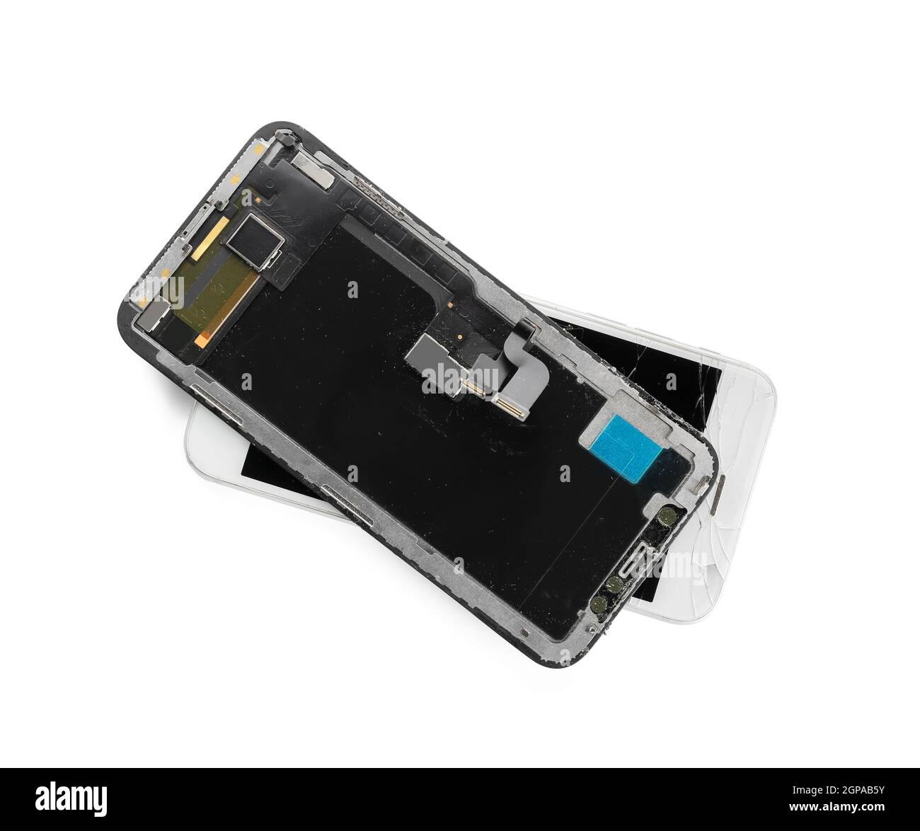 Display module and mobile phone with broken screen on white background ...