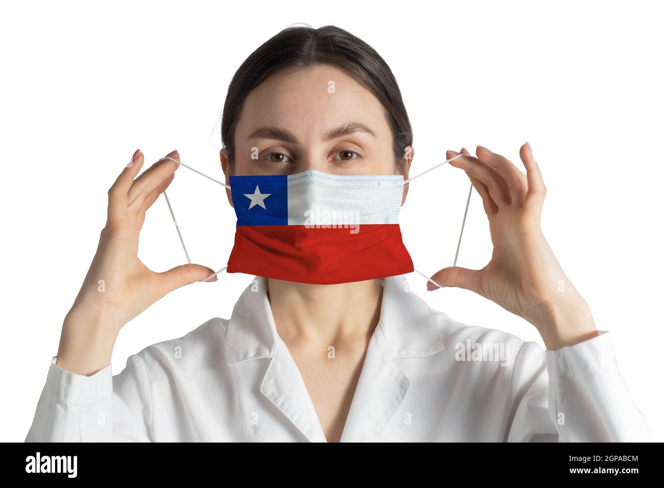 Respirator with flag of Chile Doctor puts on medical face mask isolated ...