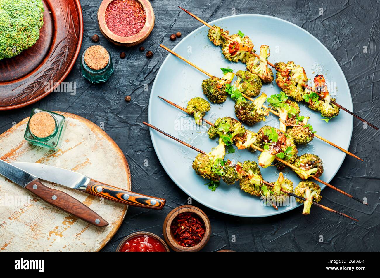 Vegetable kebab from broccoli cabbage.Fried cabbage on wooden skewers ...