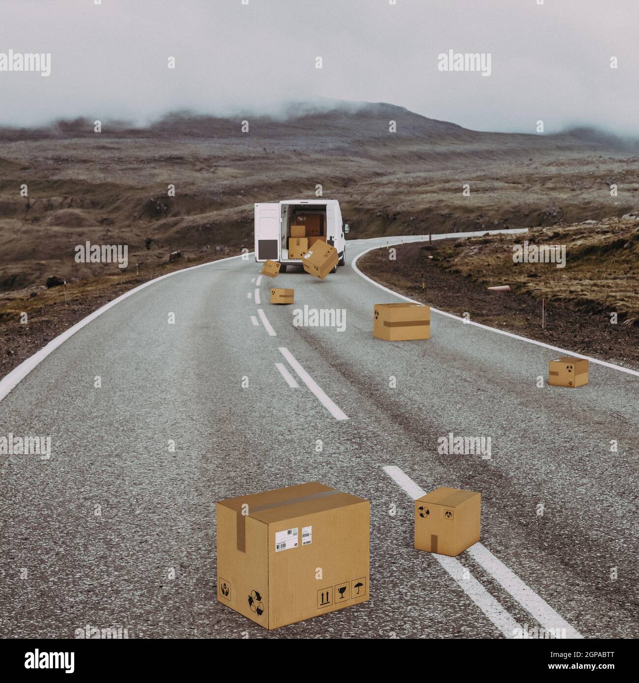 parcels falling into the street from a cargo van with the doors open ...
