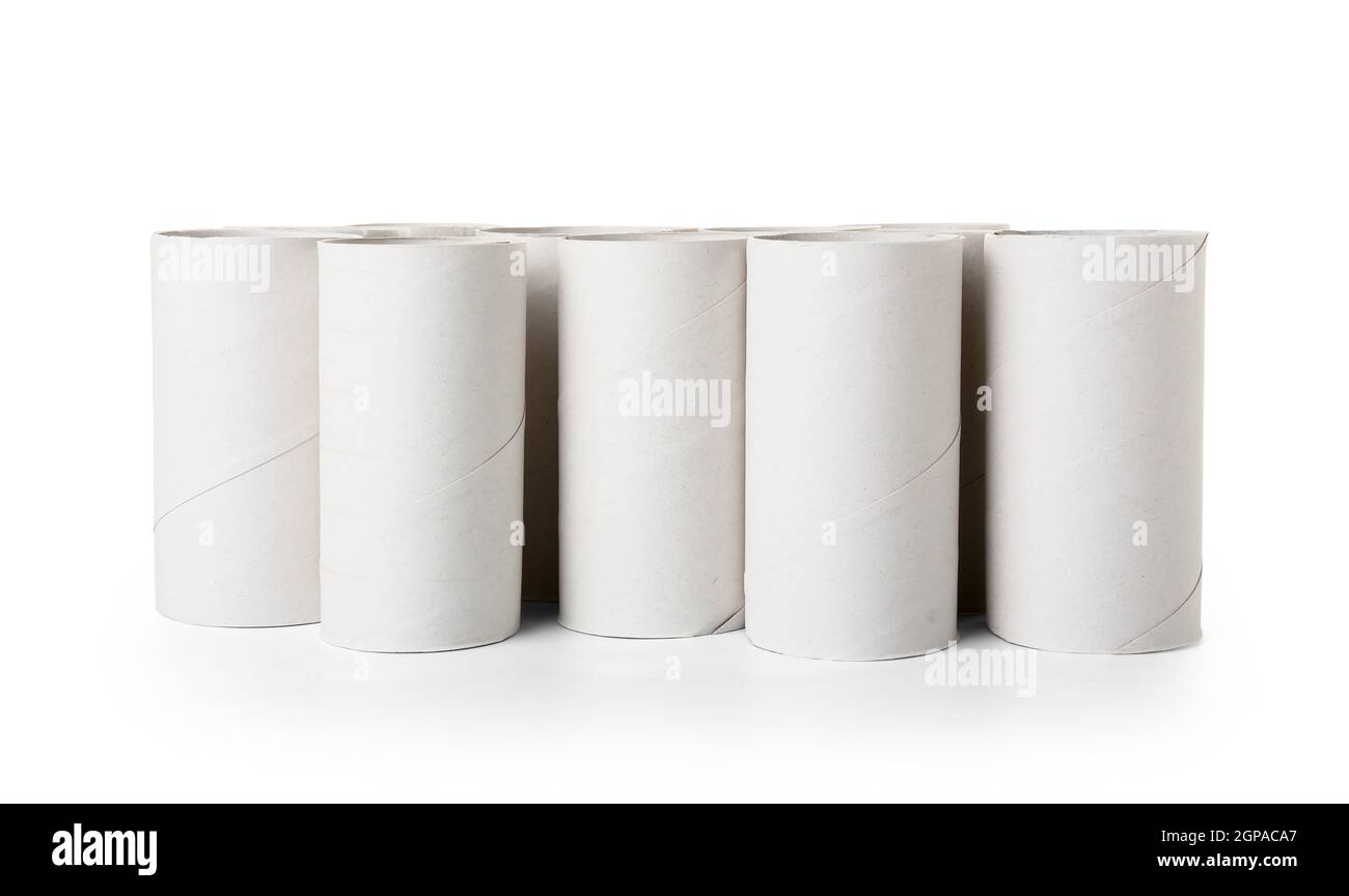 Empty toilet paper cardboard tubes on white background Stock Photo - Alamy