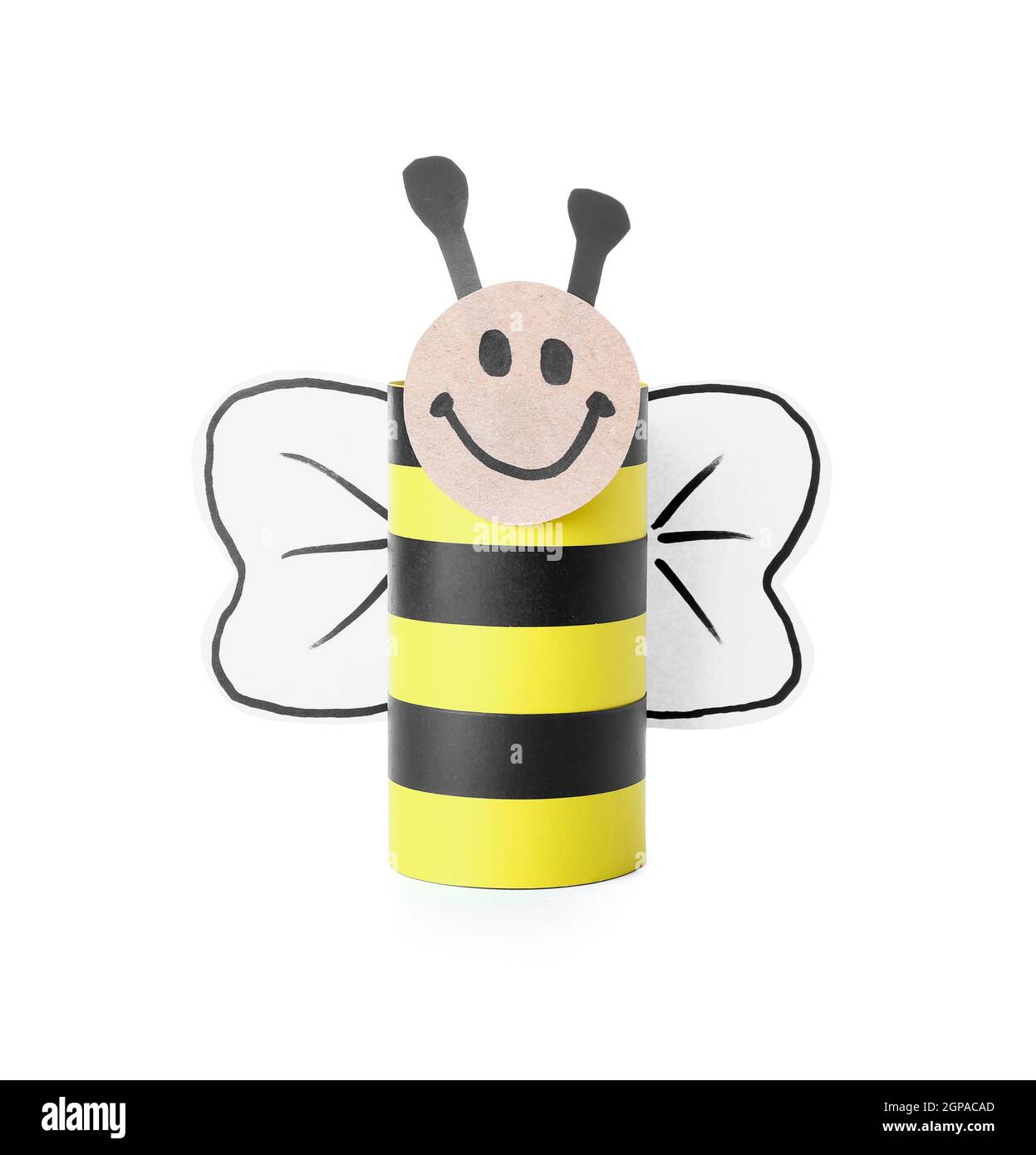 Bee made of cardboard tube for toilet paper on white background Stock ...