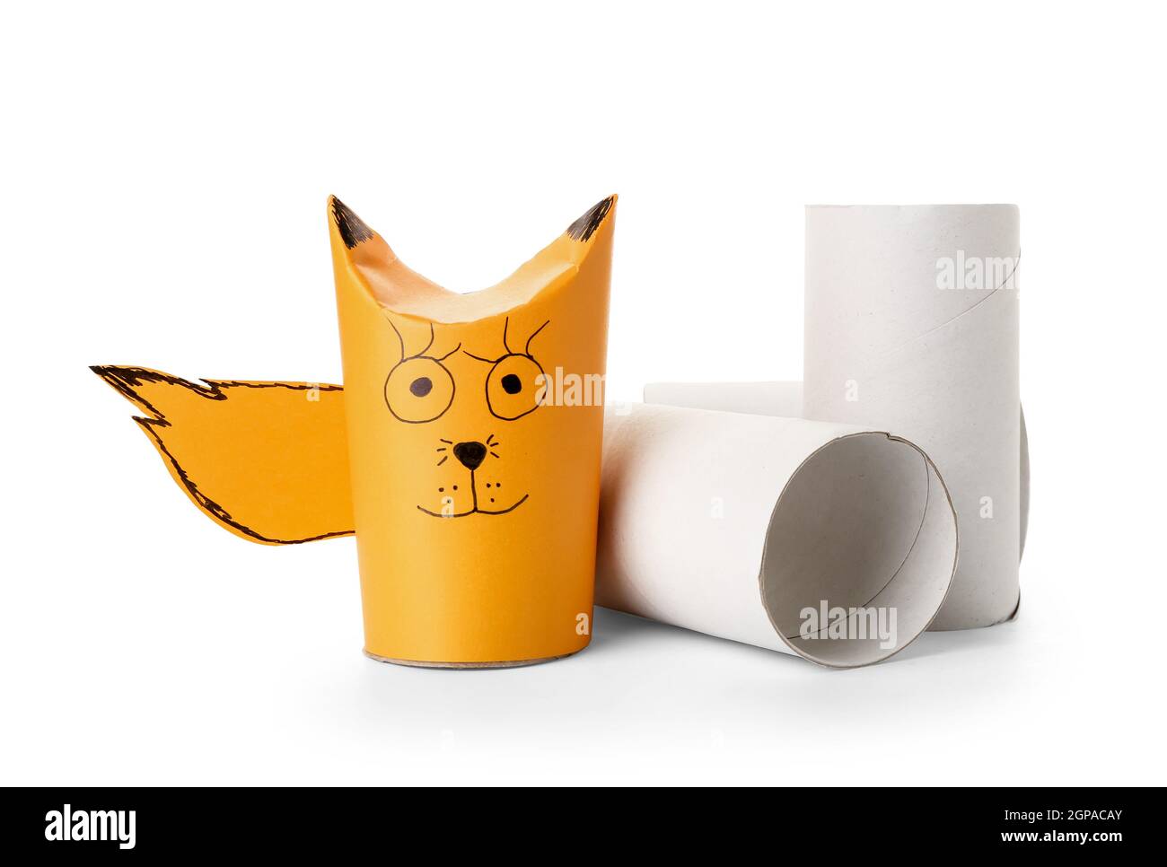 Fox made of cardboard and tubes for toilet paper on white background ...