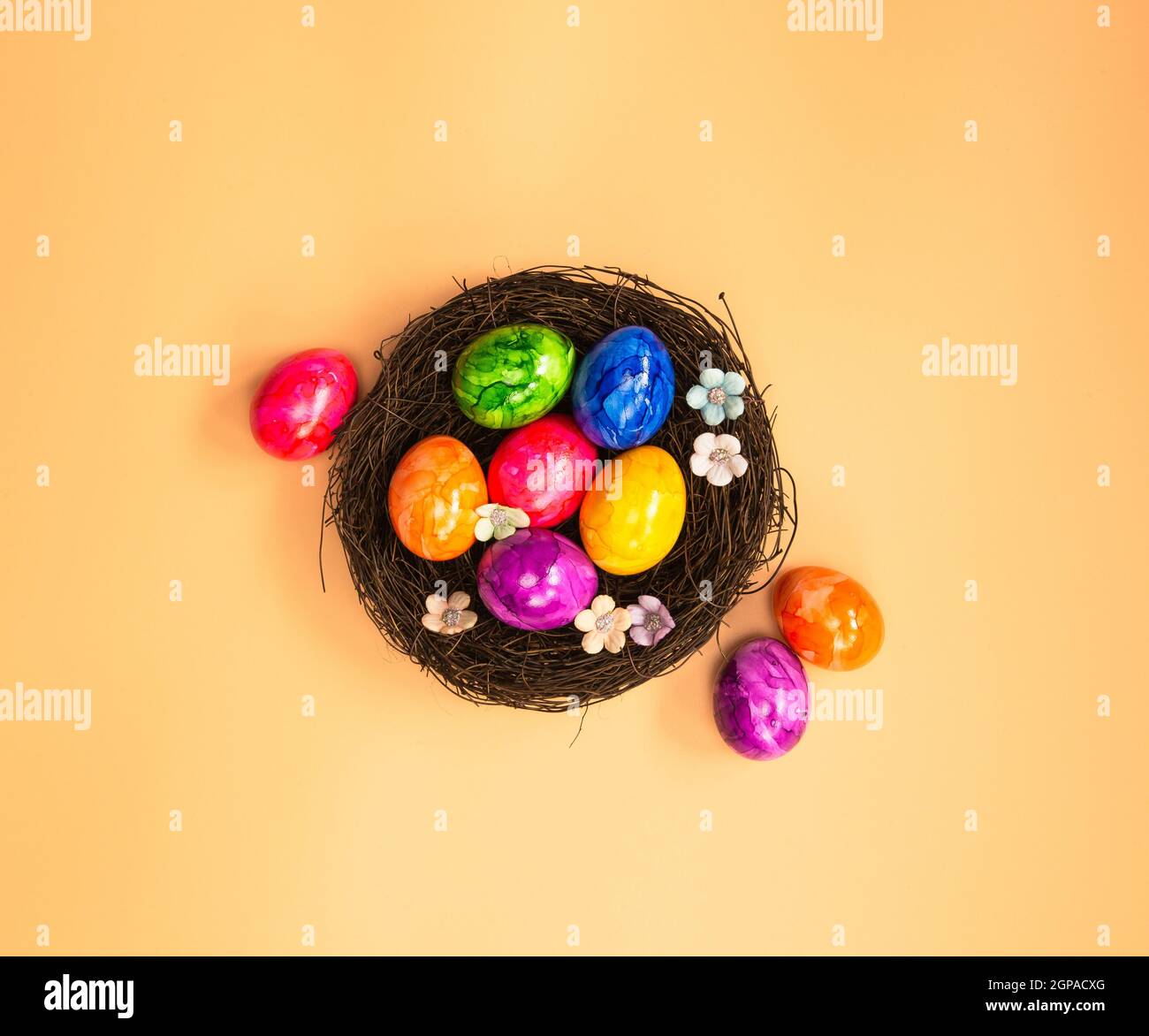 Colorful painted Easter Egg Nest with orange pastel colored background ...
