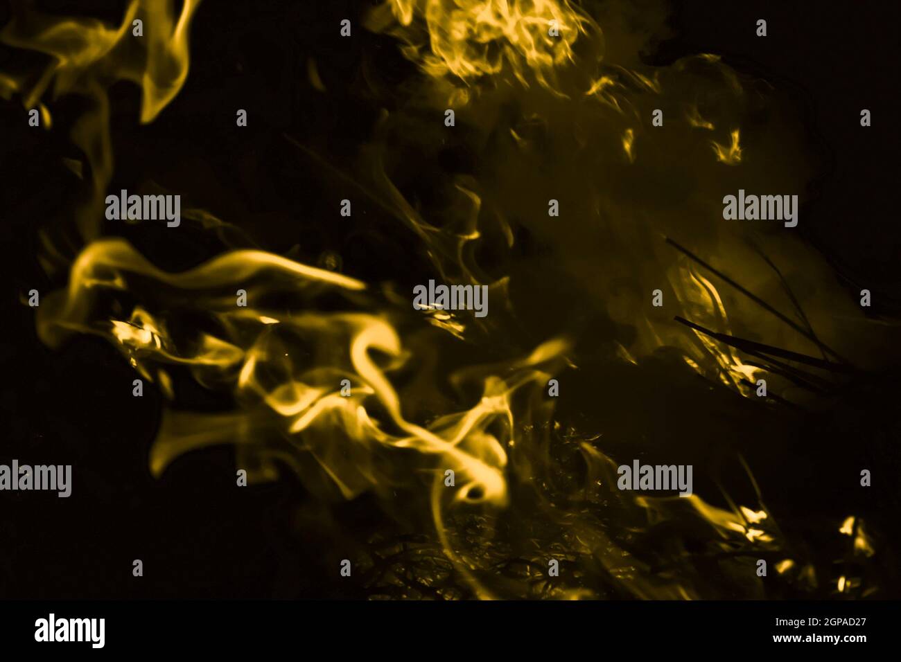 Yellow flame. Fire. Burning of rice straw at night Stock Photo - Alamy