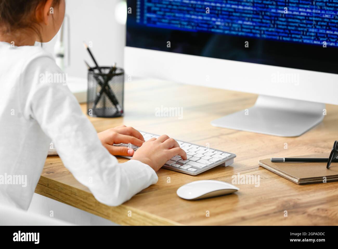 Little programmer using computer in office Stock Photo - Alamy