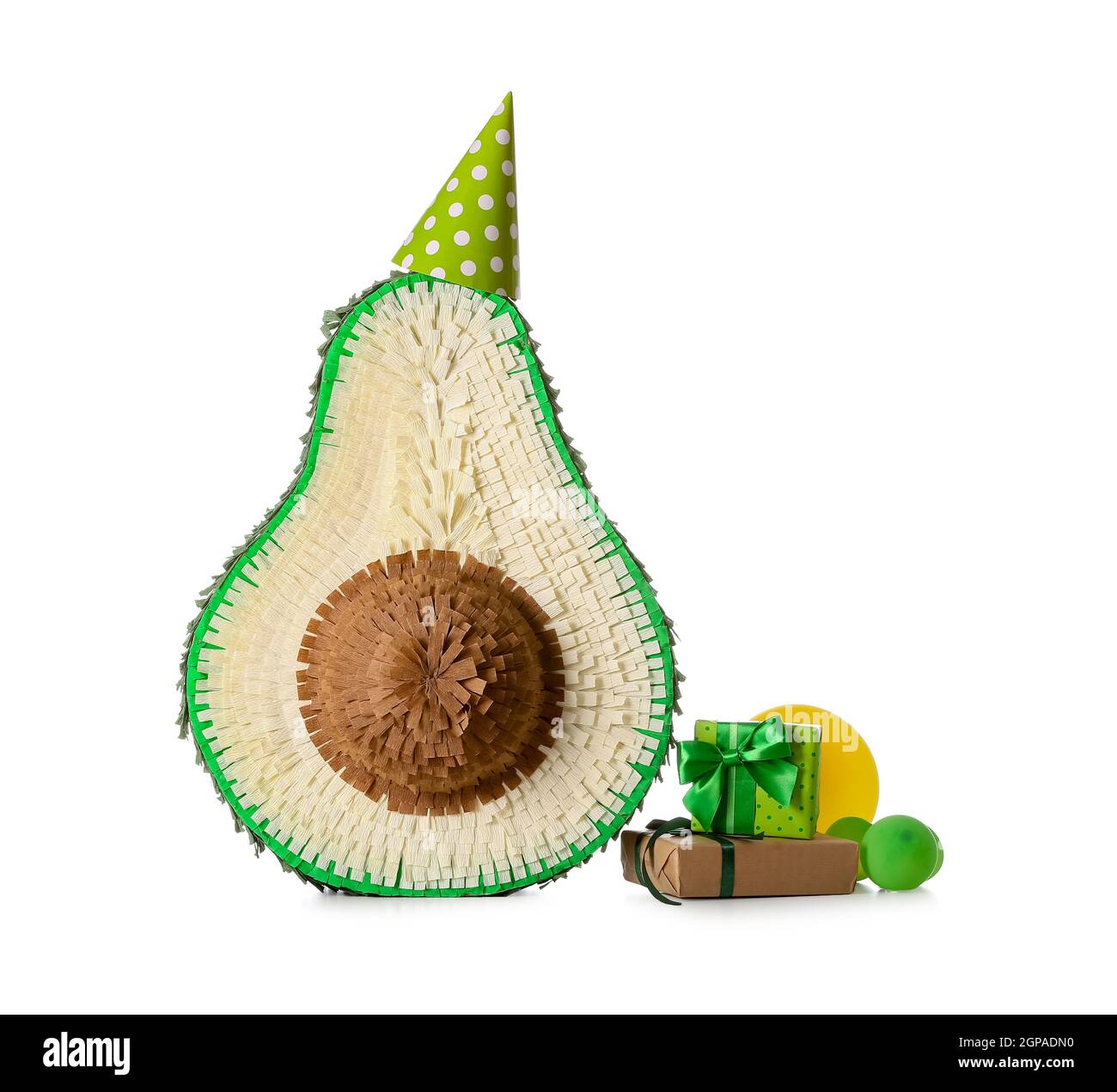 Mexican pinata with party hat and gifts on white background Stock Photo ...