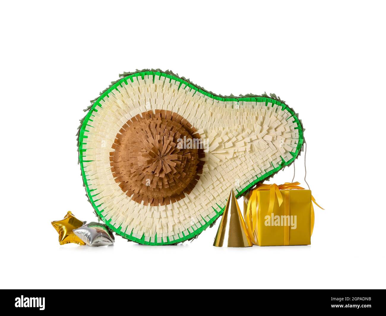 Mexican pinata with party hat, balloons and gift on white background ...