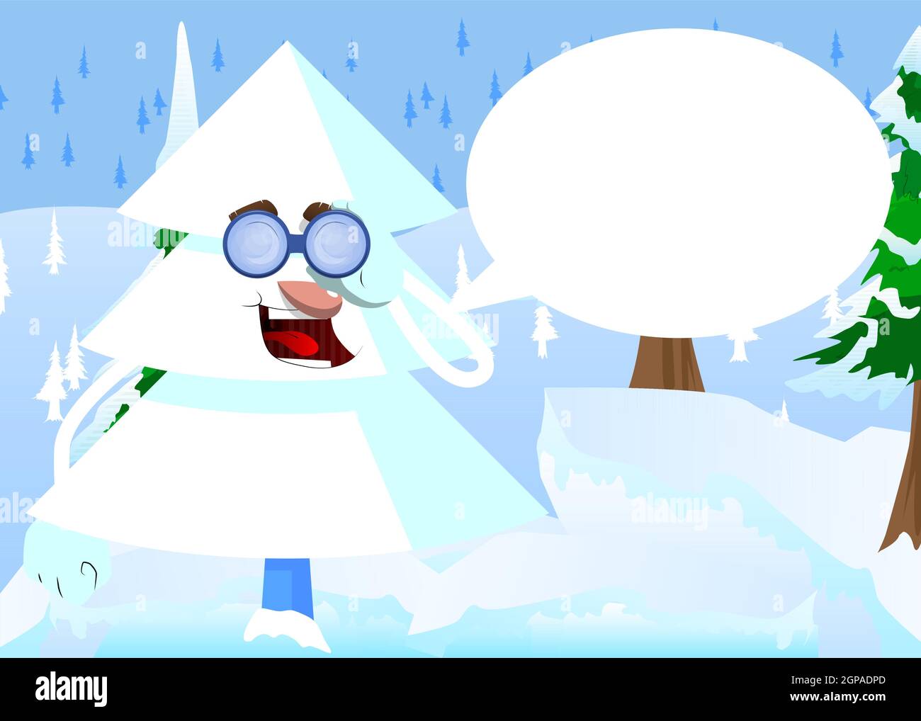 Cartoon winter pine trees with faces looking through binoculars. Cute ...