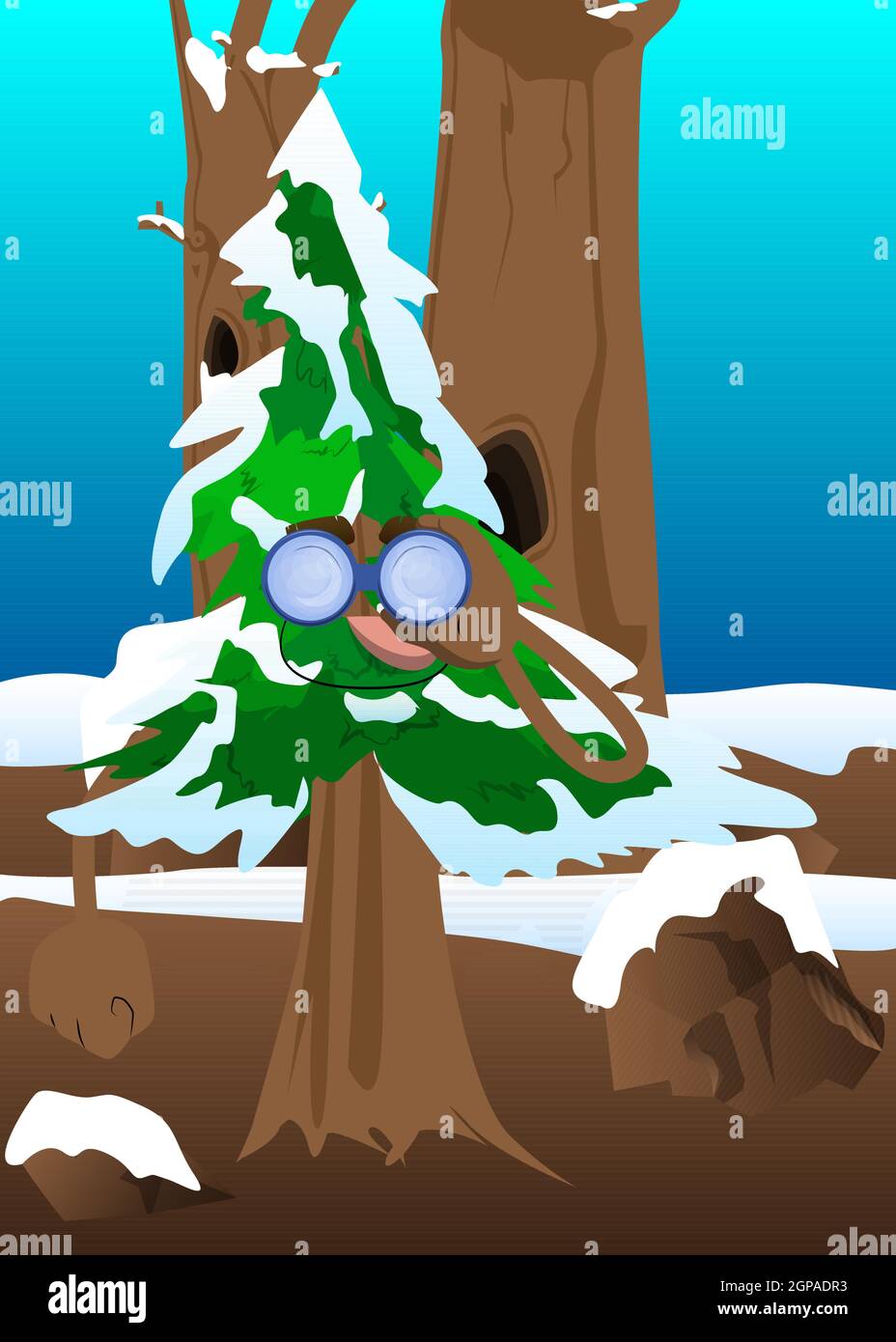 Cartoon winter pine trees with faces looking through binoculars. Cute ...