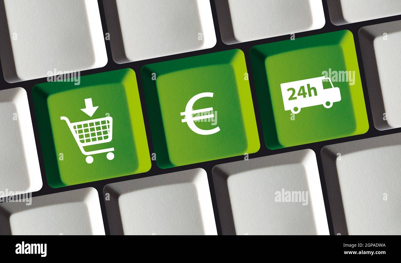 Online shop principle on computer keyboard cart truck euro icon buy pay ...