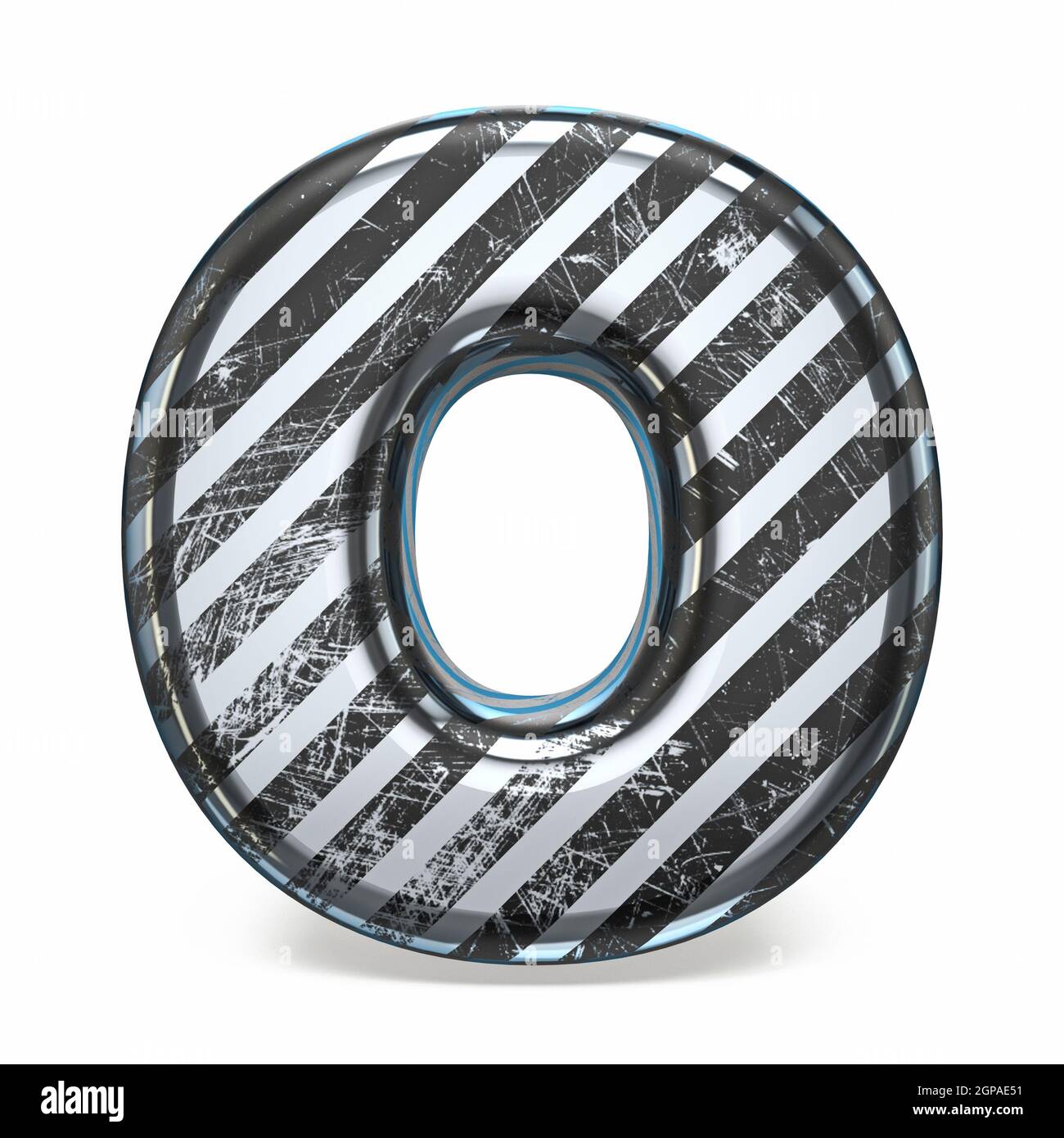 Striped steel black scratched font Letter O 3D render illustration isolated on white background ...