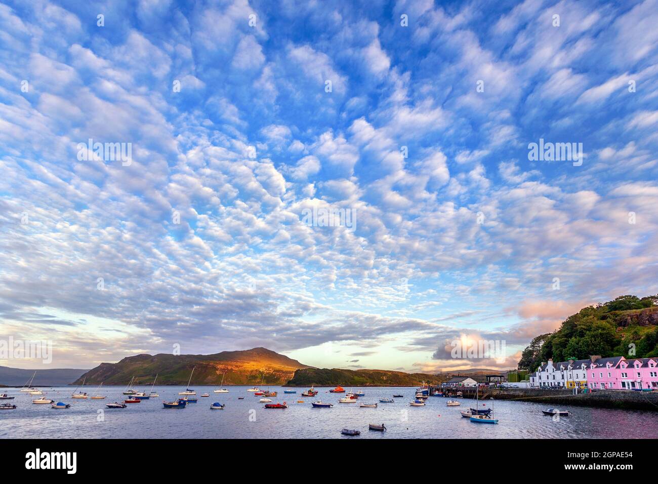 view on Portree Harbour before sunset, Isle of Skye, Scotland Stock ...