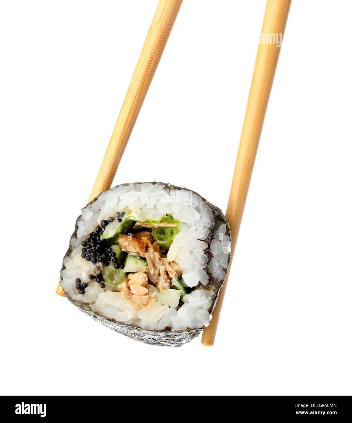 Chopsticks with tasty maki roll on white background Stock Photo - Alamy