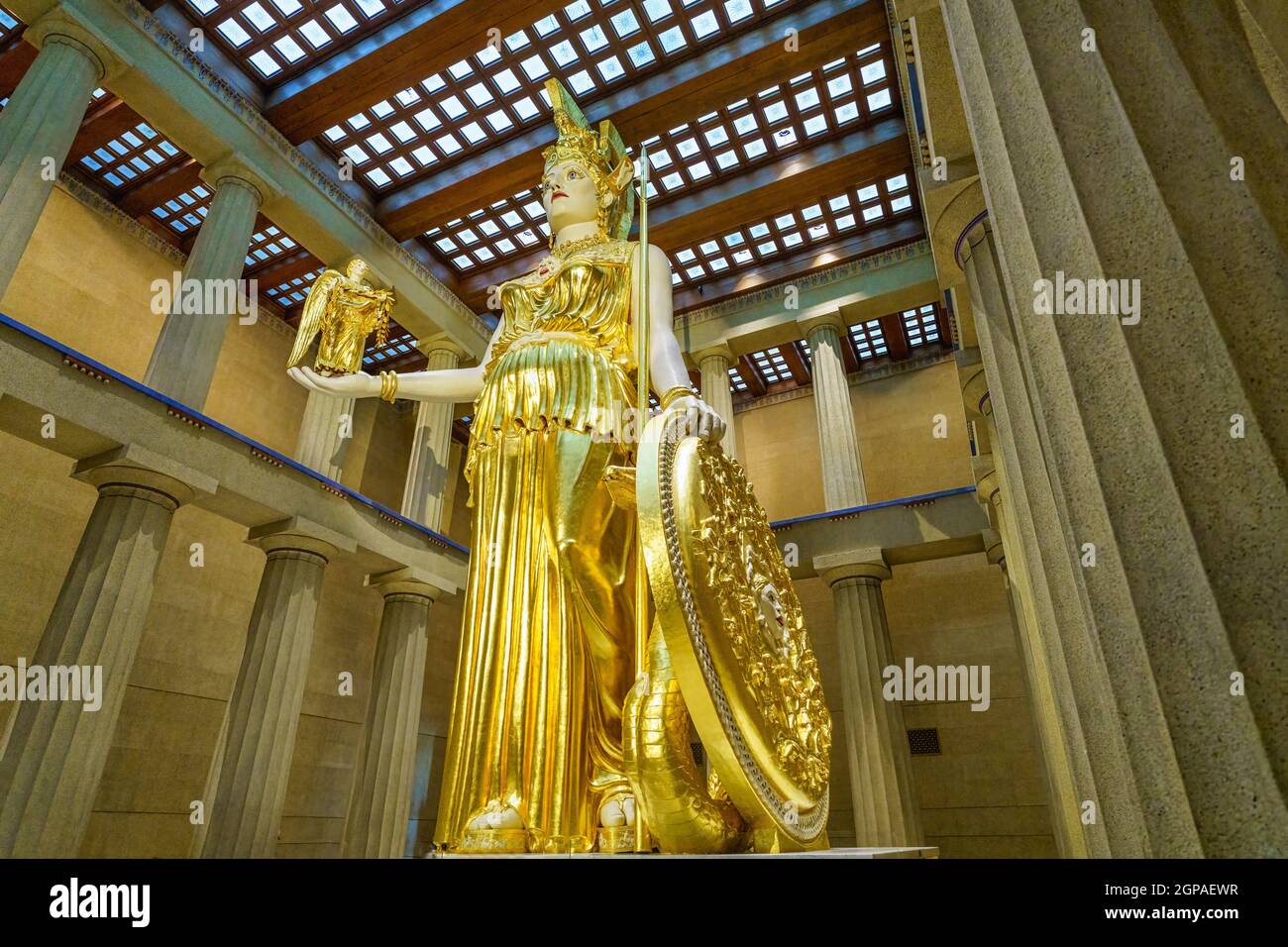 The 42 foot statue of the Goddess Athena inside the Parthenon in Nashville’s Centennial Park ...