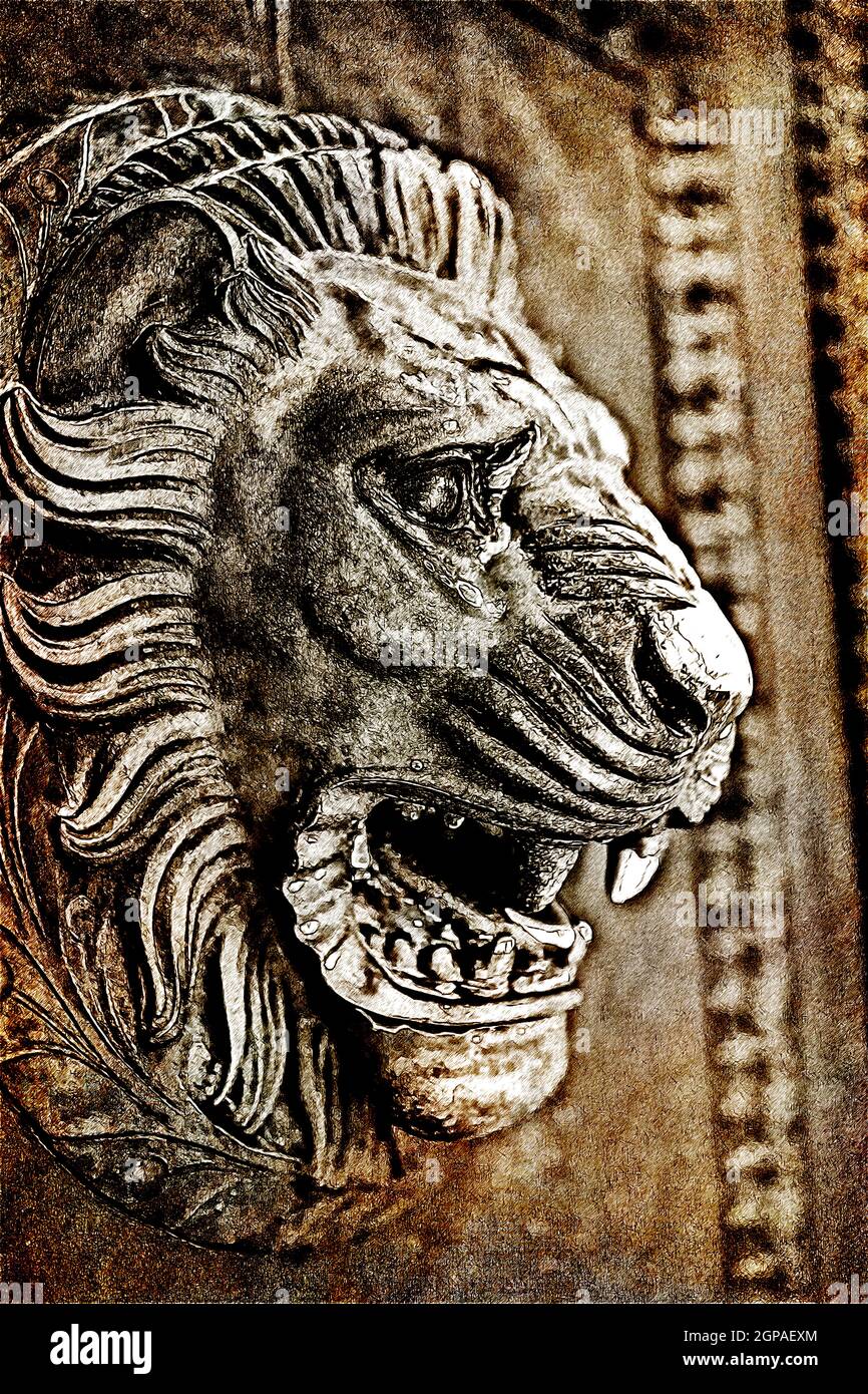 Color illustration of a classical lion head ornament on the rear bronze ...