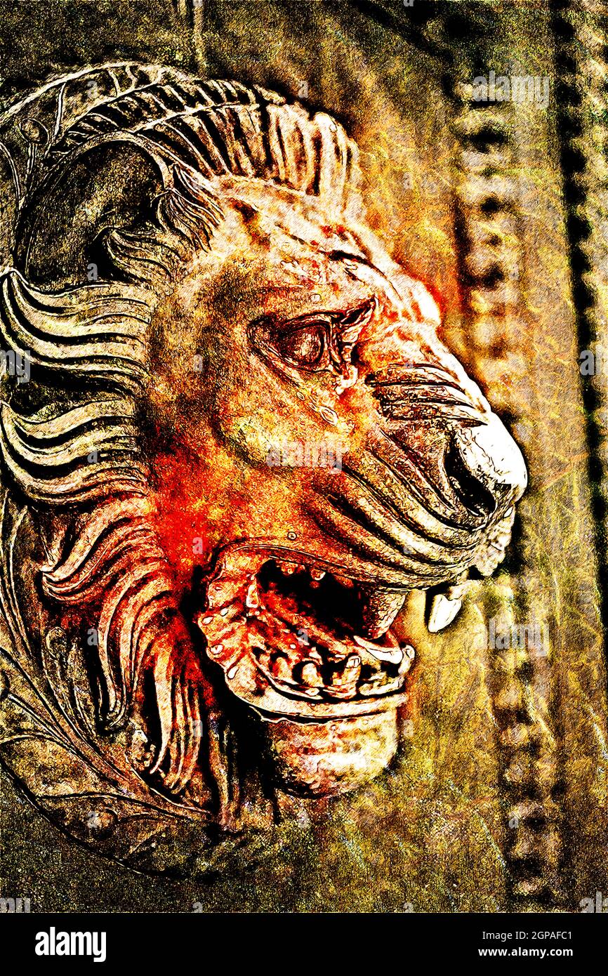 Color illustration of a classical lion head ornament on the rear bronze ...