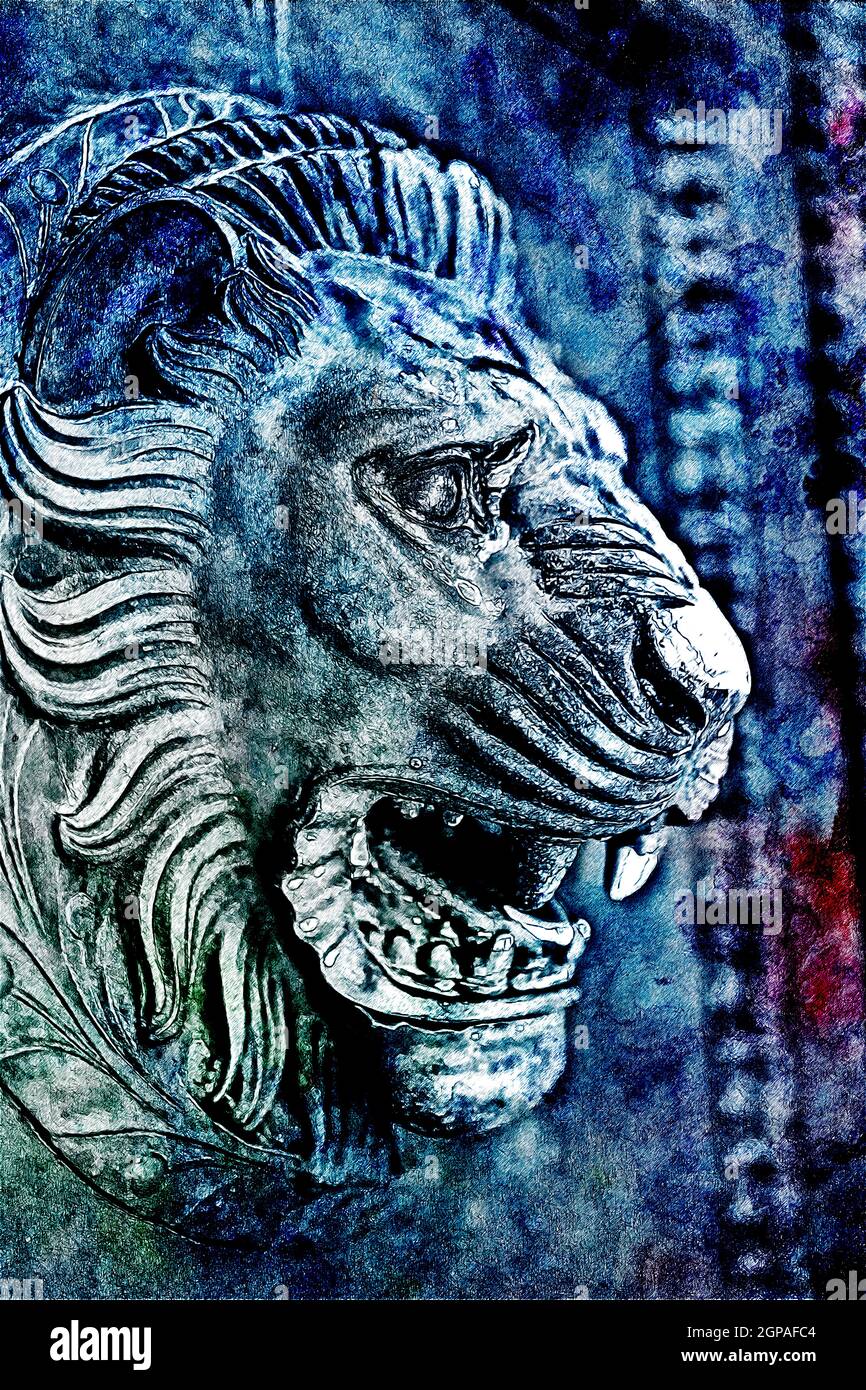 Color illustration of a classical lion head ornament on the rear bronze ...