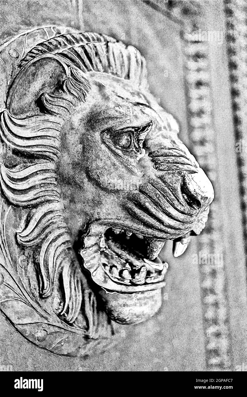 Black & white illustration of a classical lion head ornament on the ...