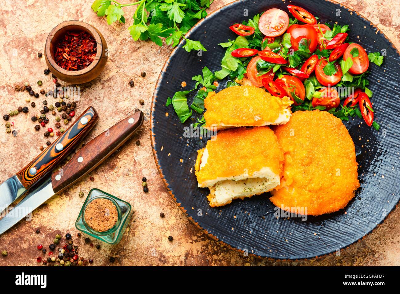 Kiev cutlet with fresh vegetable salad.Chicken meatballs Stock Photo ...