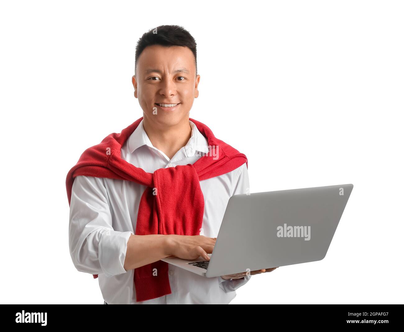 Portrait of Asian teacher with laptop on white background Stock Photo ...