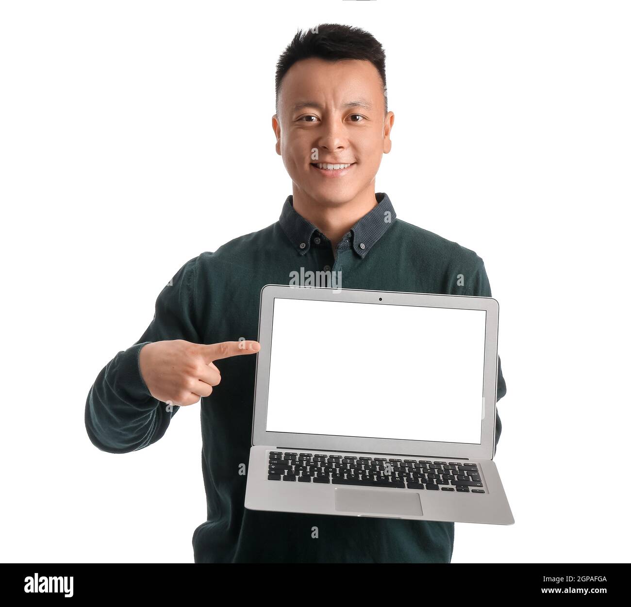 Portrait of Asian teacher with laptop on white background Stock Photo ...