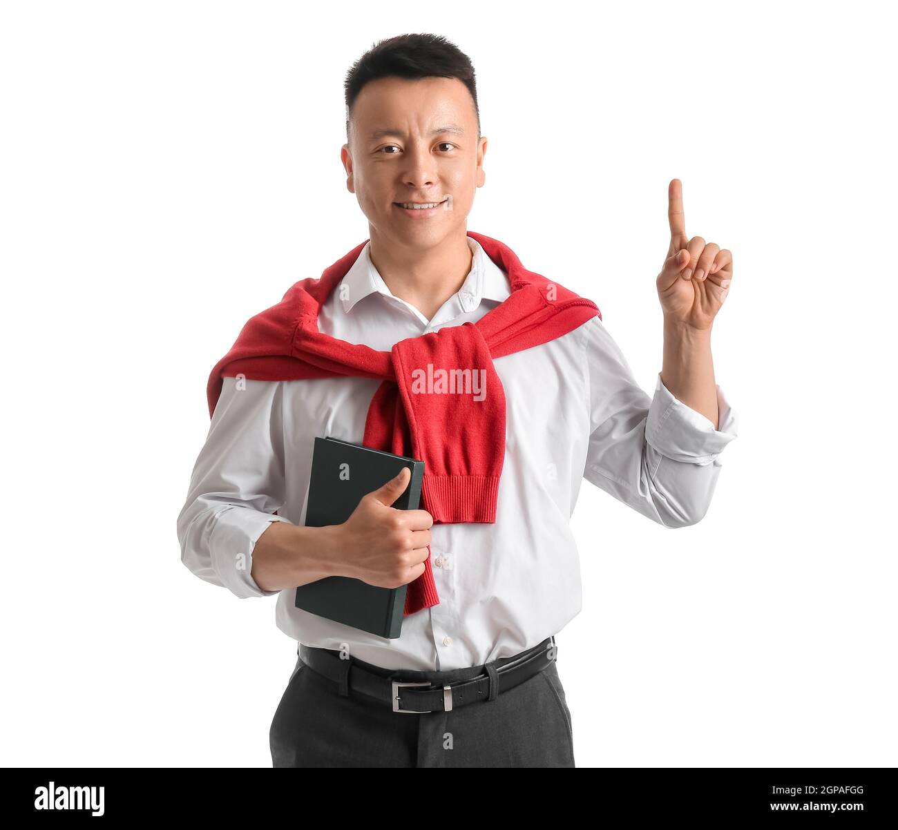 Portrait of Asian teacher with raised index finger on white background ...