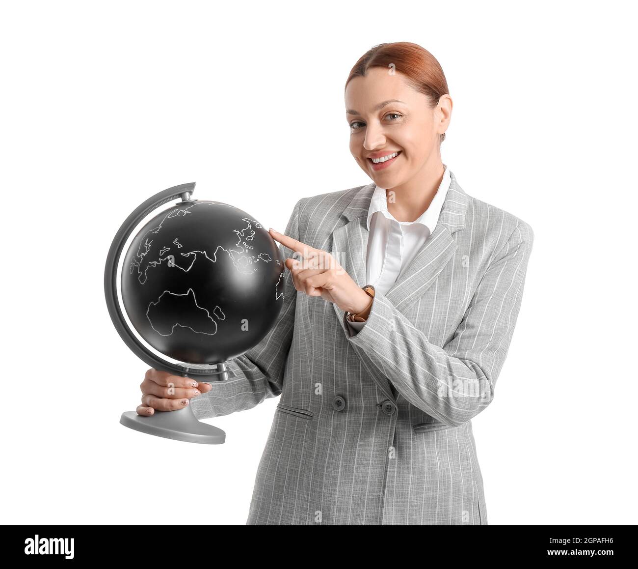 Portrait of female teacher with globe on white background Stock Photo ...