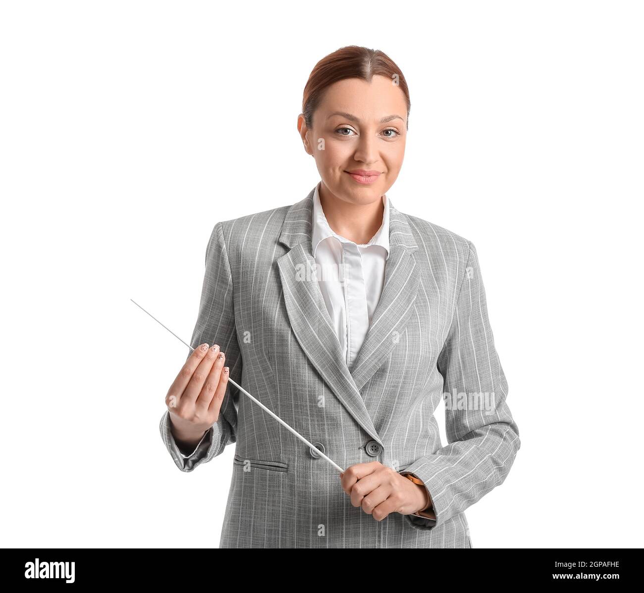 Portrait of female teacher on white background Stock Photo - Alamy
