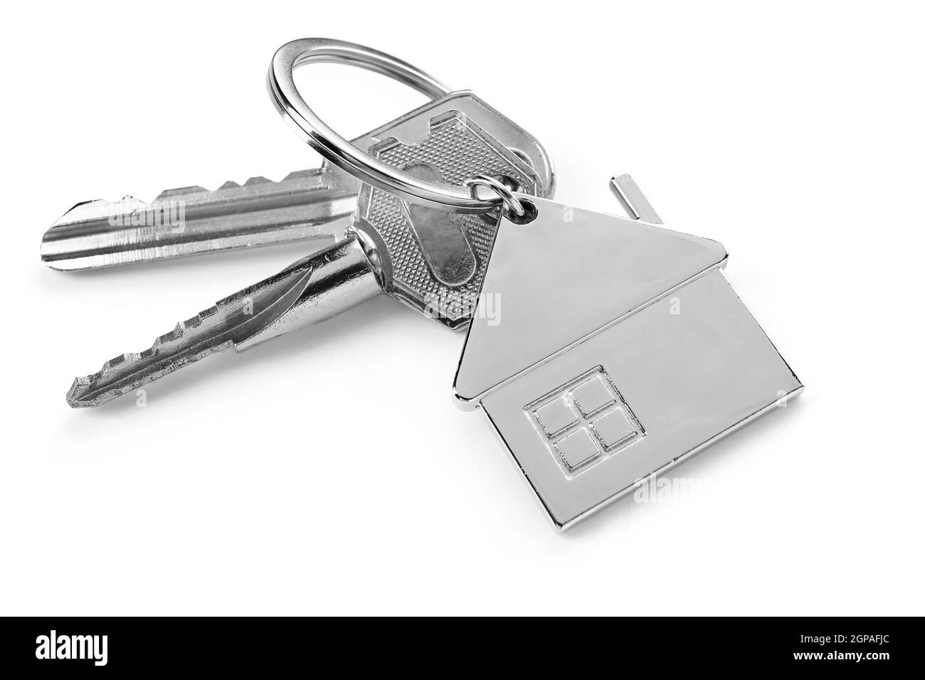 Keys with house shape keychain on white background Stock Photo - Alamy