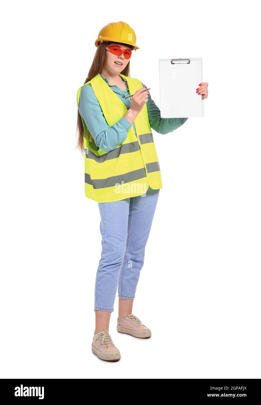 Young female engineer on white background Stock Photo - Alamy