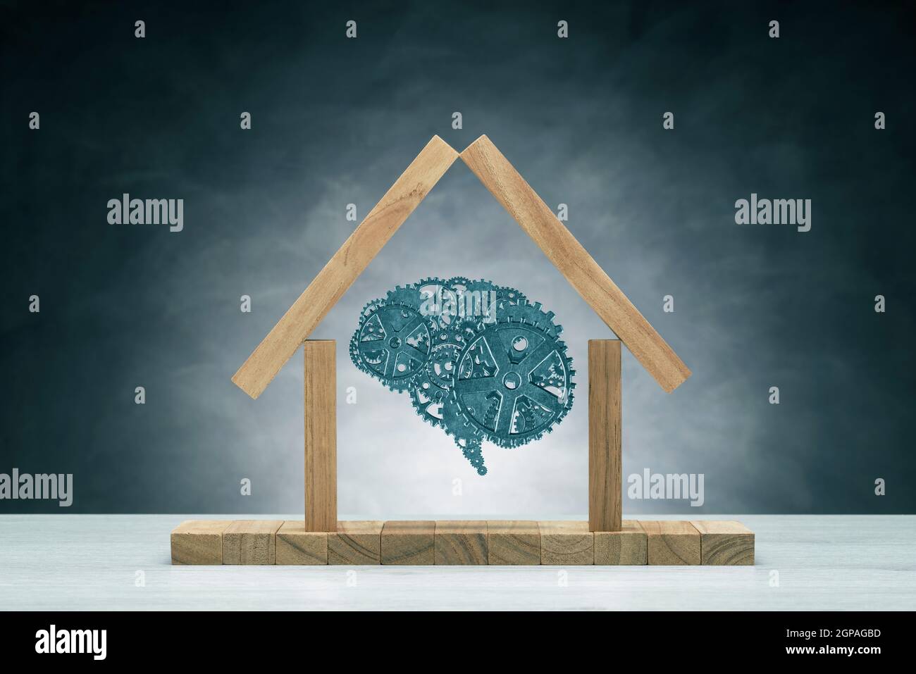 Human brain with metallic gears into iconic house Stock Photo - Alamy