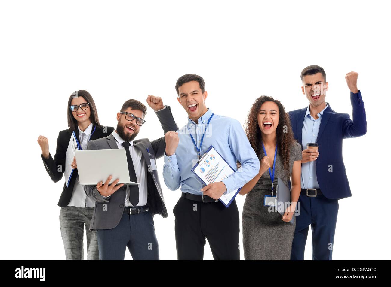 Happy young business people on white background Stock Photo - Alamy