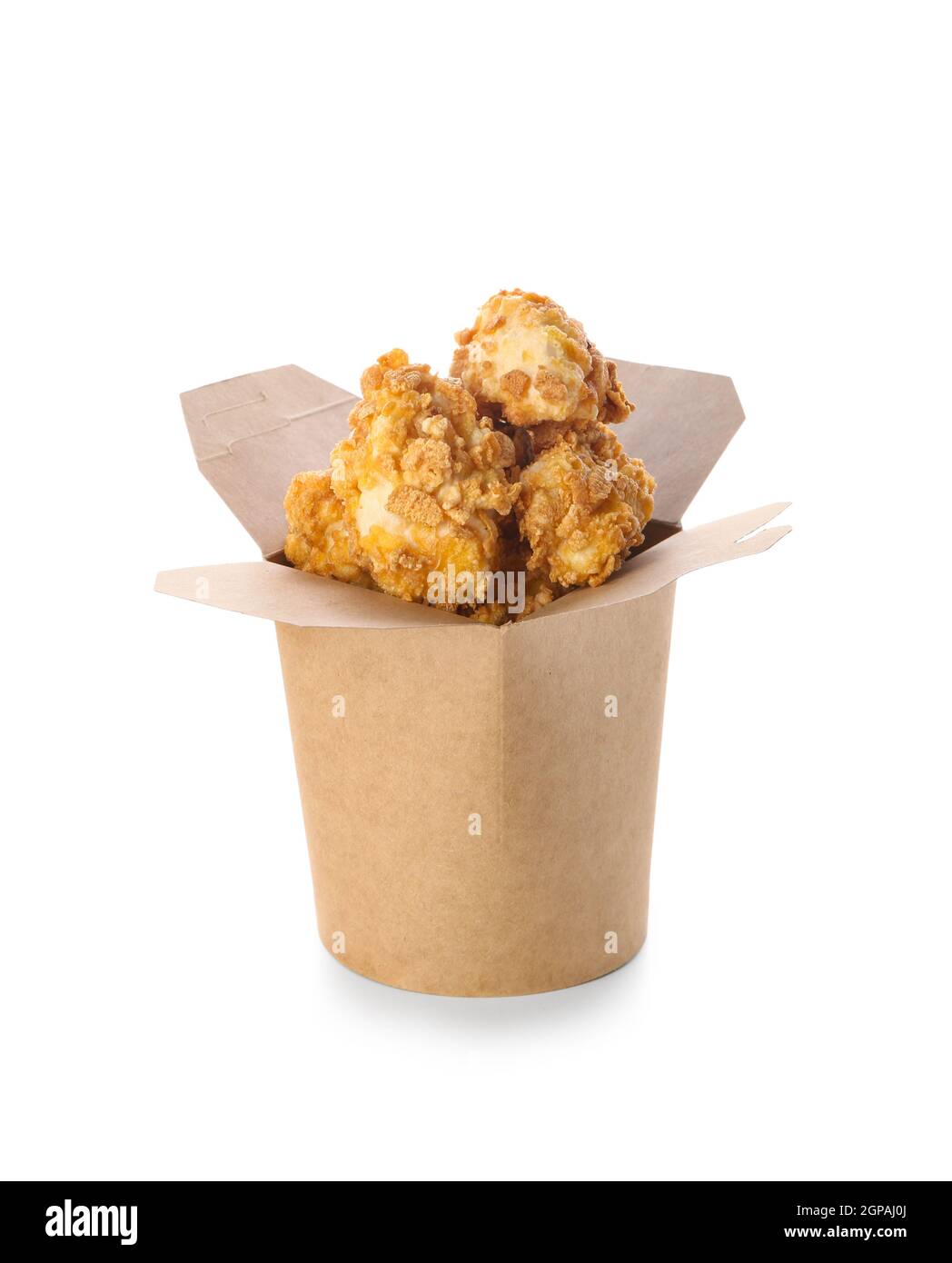 Paper box with tasty fried popcorn chicken on white background Stock ...