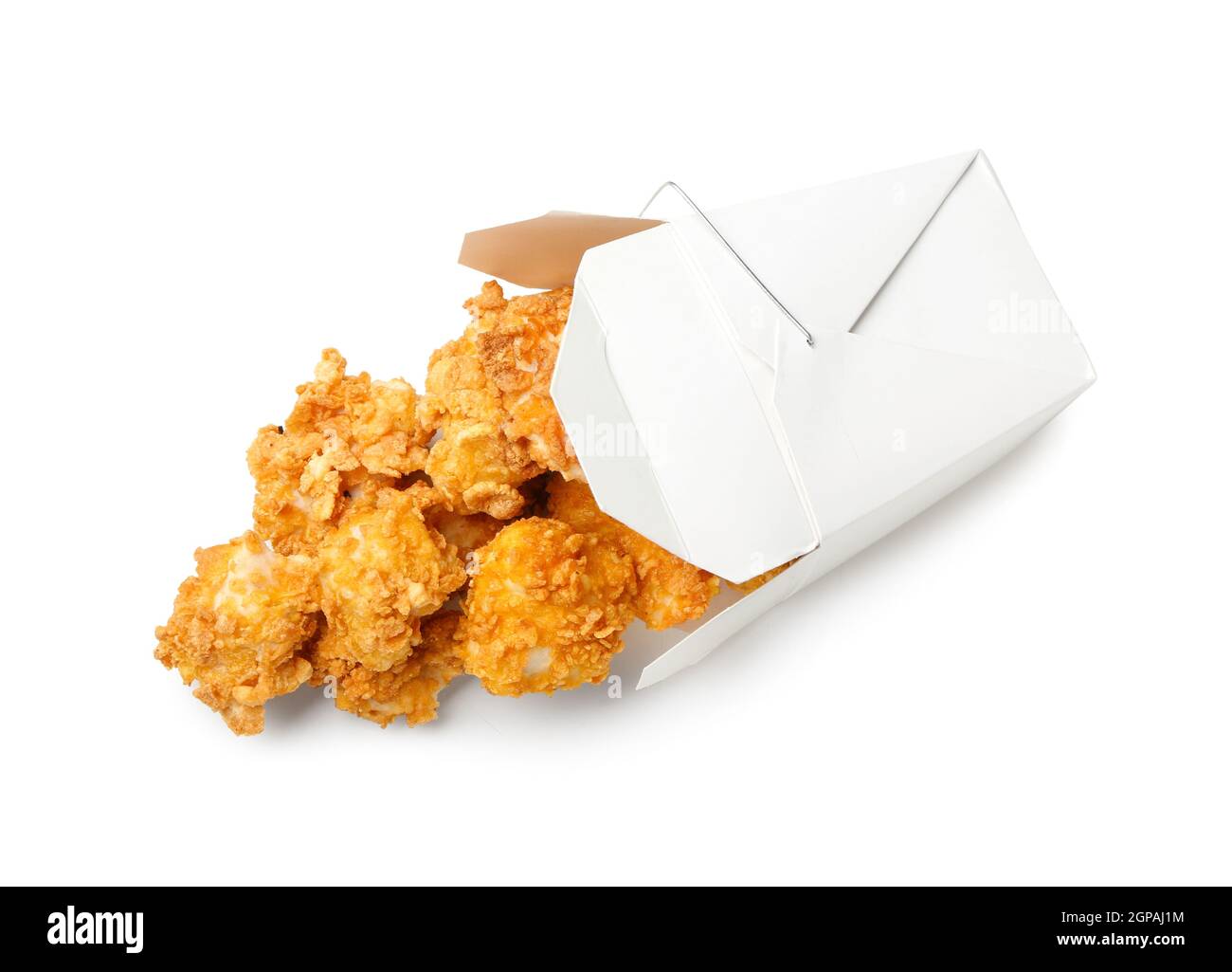 Paper box with crunchy fried popcorn chicken on white background Stock ...