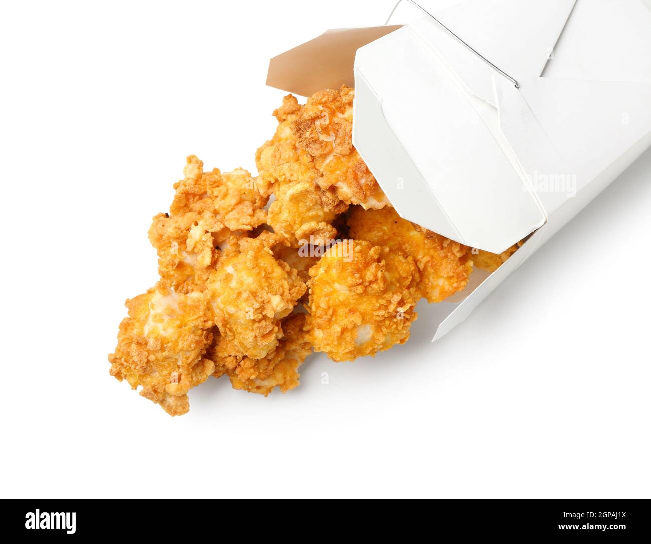 Paper box with crunchy popcorn chicken on white background Stock Photo ...