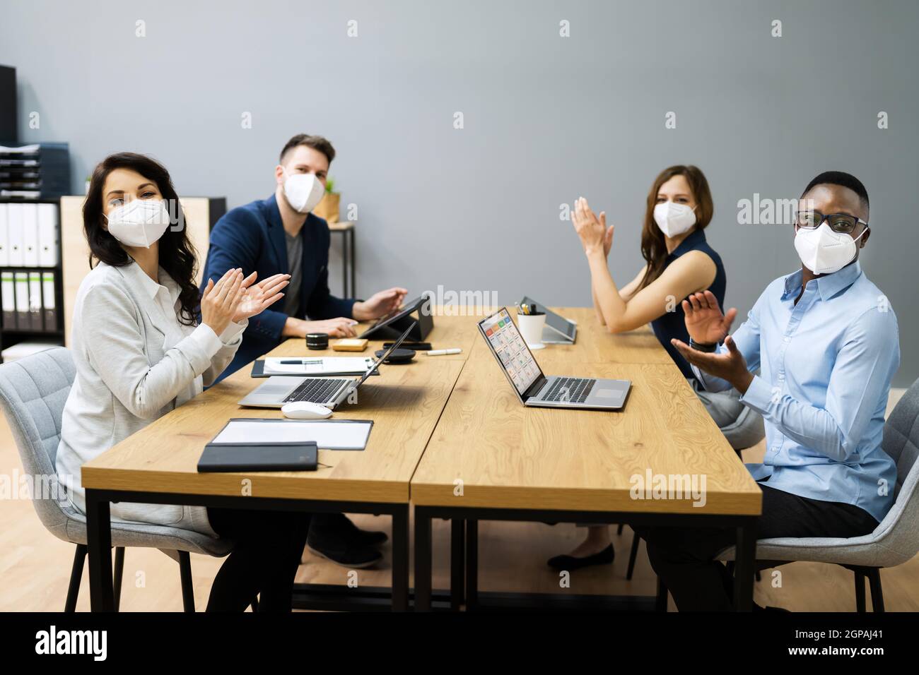 Diverse Business Team Applause In Training Video Conference Stock Photo ...