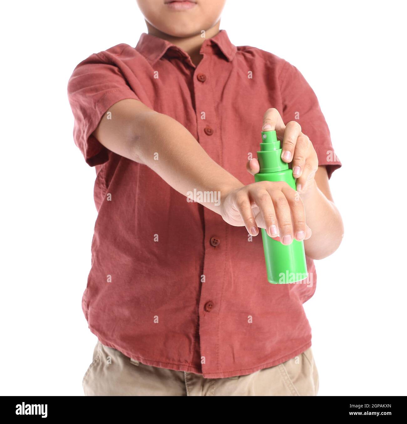 Little boy with mosquito repellent on white background Stock Photo - Alamy