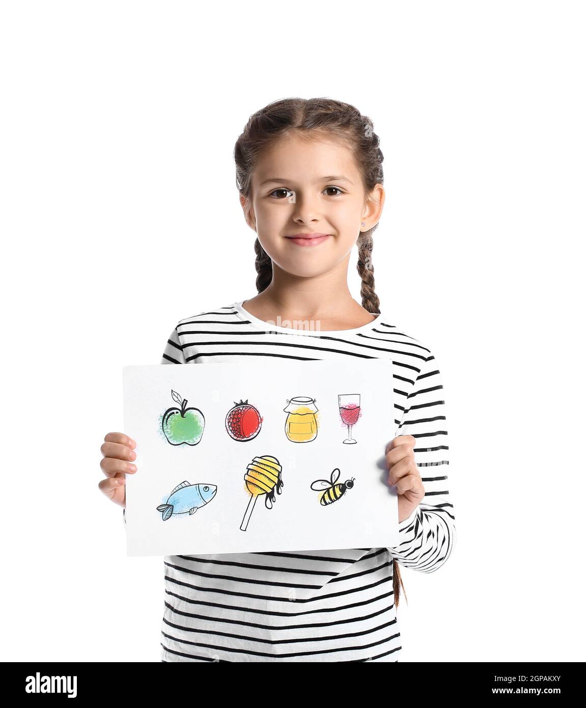 Little girl holding paper with drawings for Rosh Hashanah (Jewish New ...